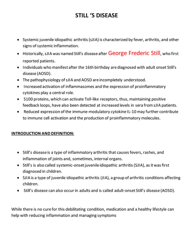 Still's disease class 1 | DOCX | Blood Disorders | Diseases and Conditions
