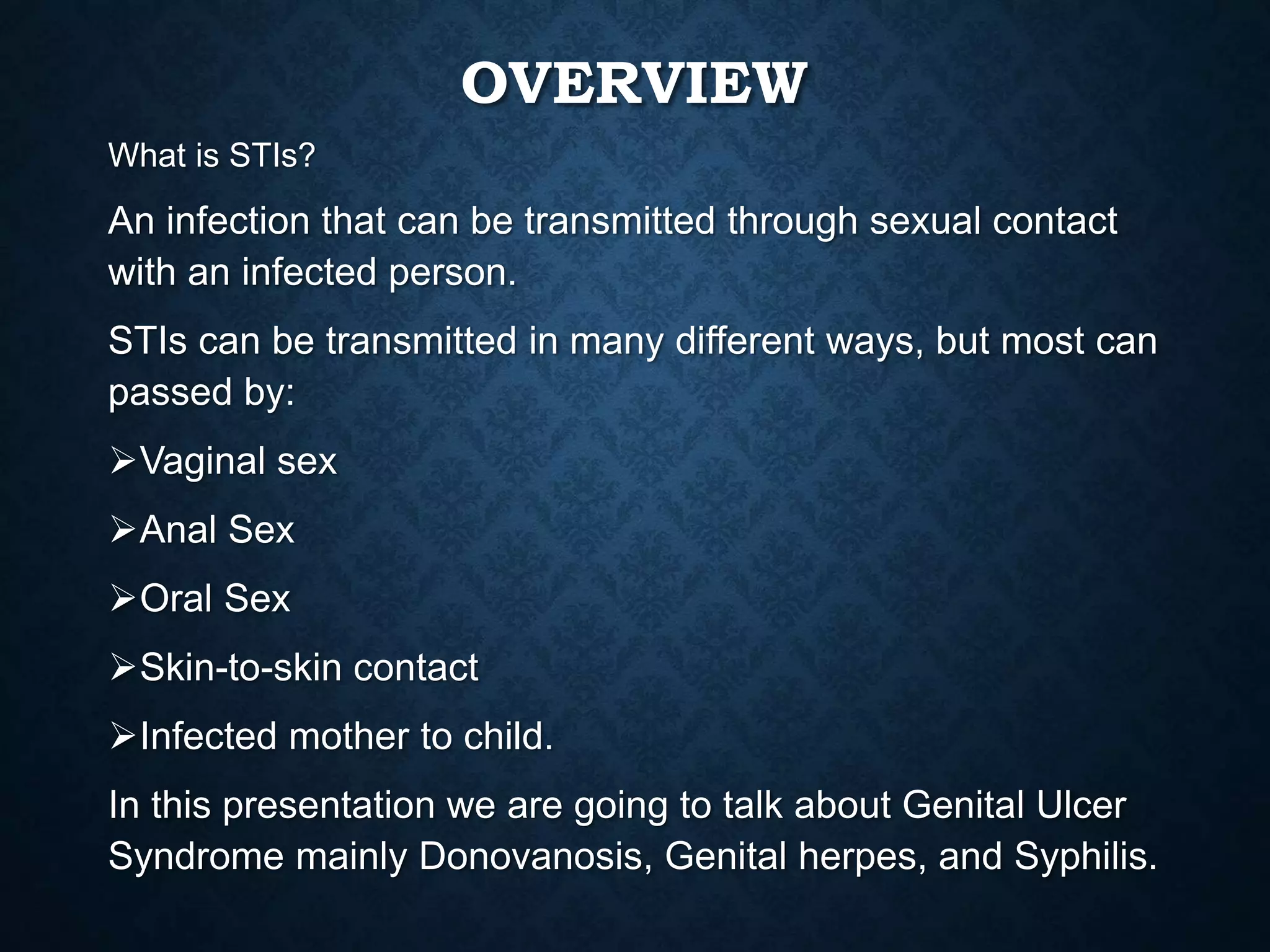 STIs-Genital Ulcer Syndrome presentation. | PPTX