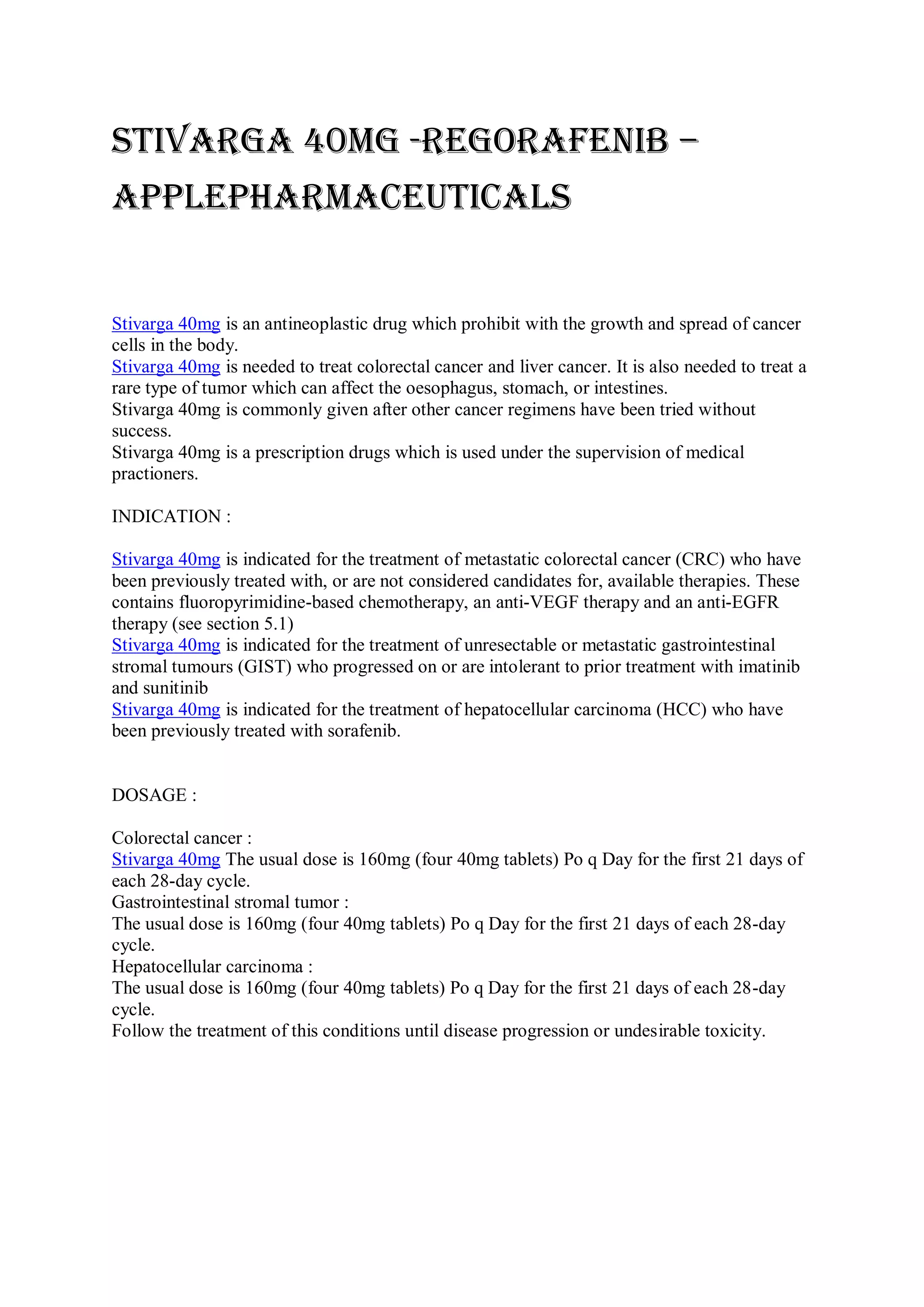 Stivarga 40mg Tablets Regorafenib Uses Side effects | PDF | Cancer ...