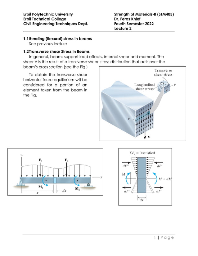 Bending (flexural) stress in beams ,Transverse shear Stress in Beams | PDF