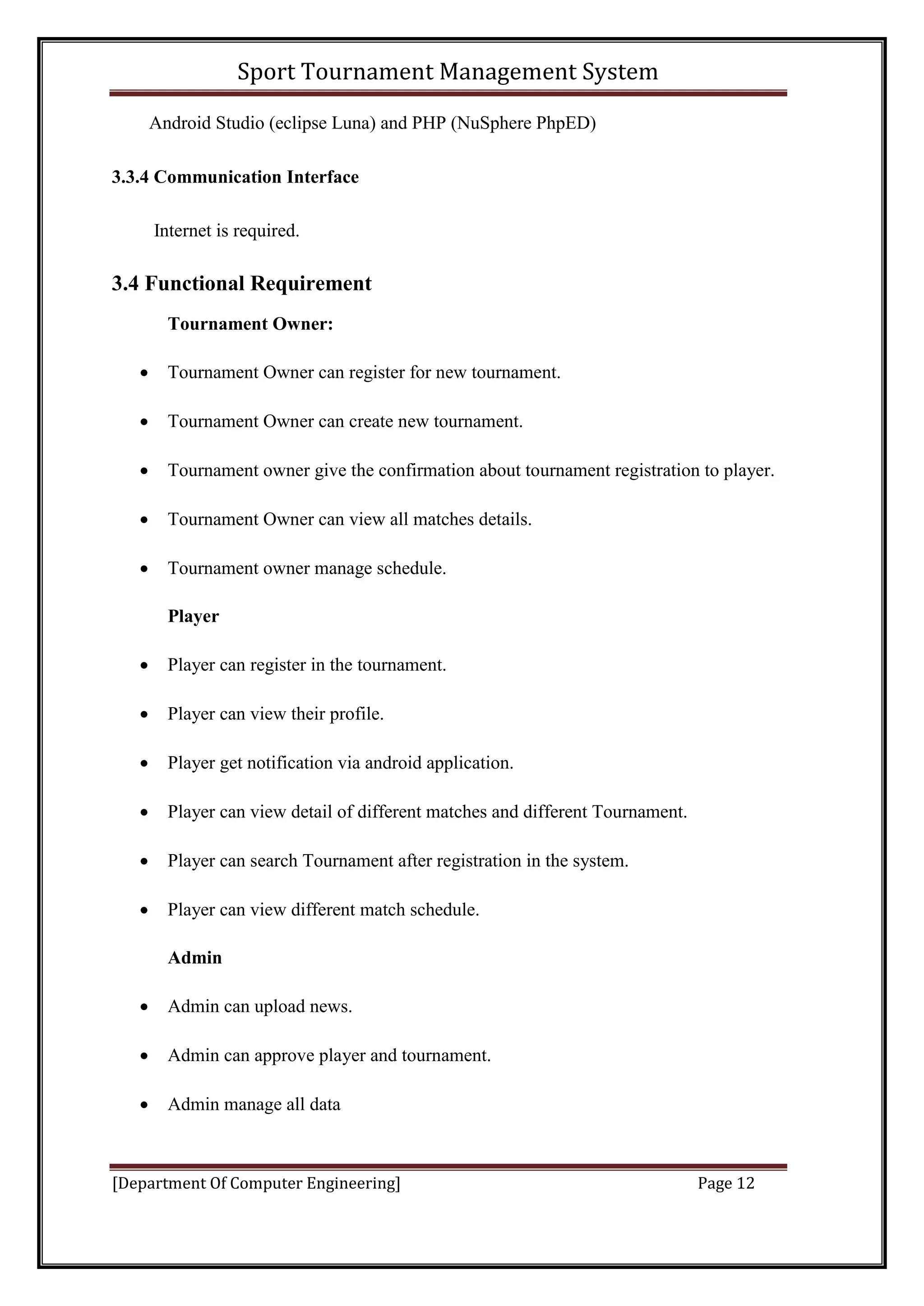 SPORT TOURNAMENT MANAGMENT SYSTEM (STMS) | PDF