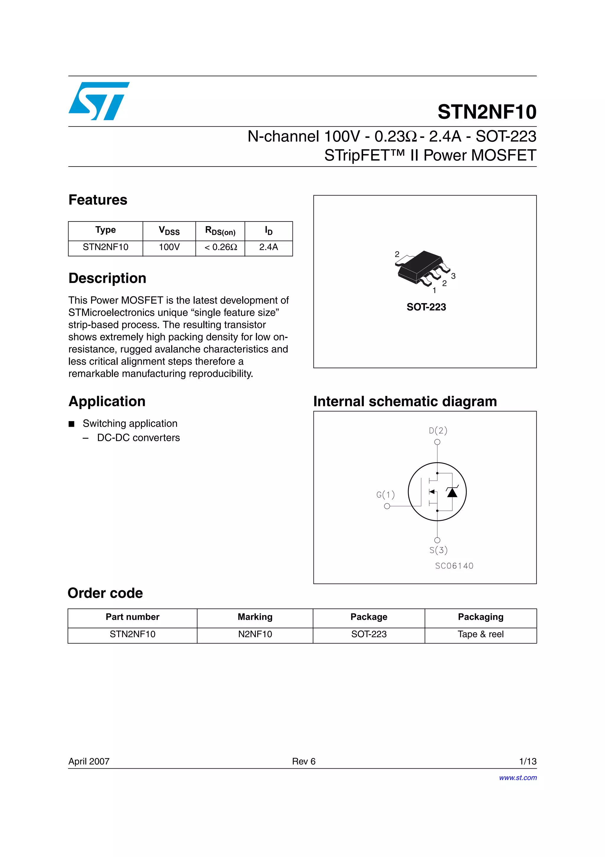 Original N-Channel Mosfet STN2NF10 2NF10 N2NF10 2.4A 100V SOT-223 New ...