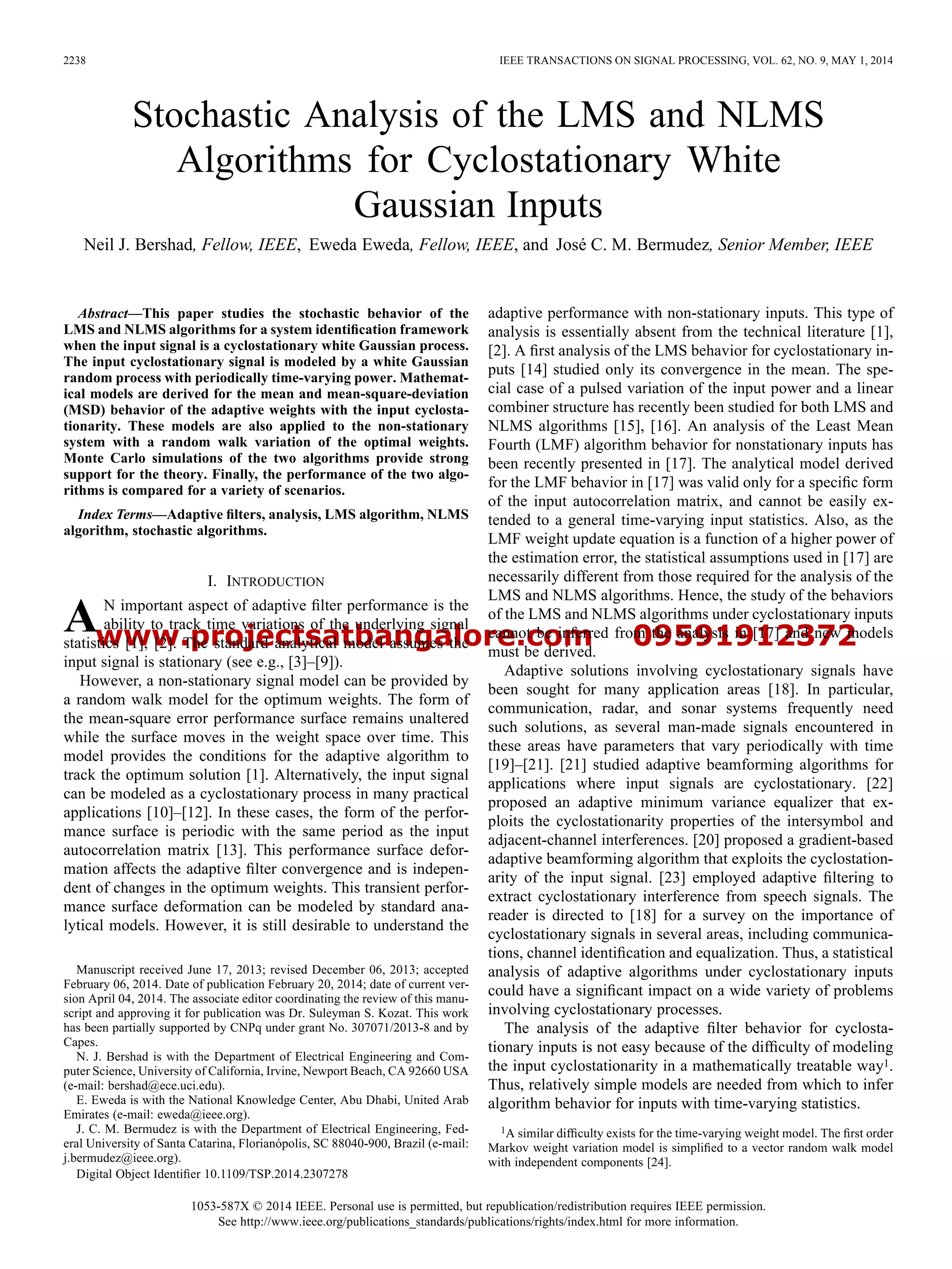 Stochastic Analysis Of The Lms And Nlms Algorithms For Cyclostationary White Gaussian Inputs Pdf