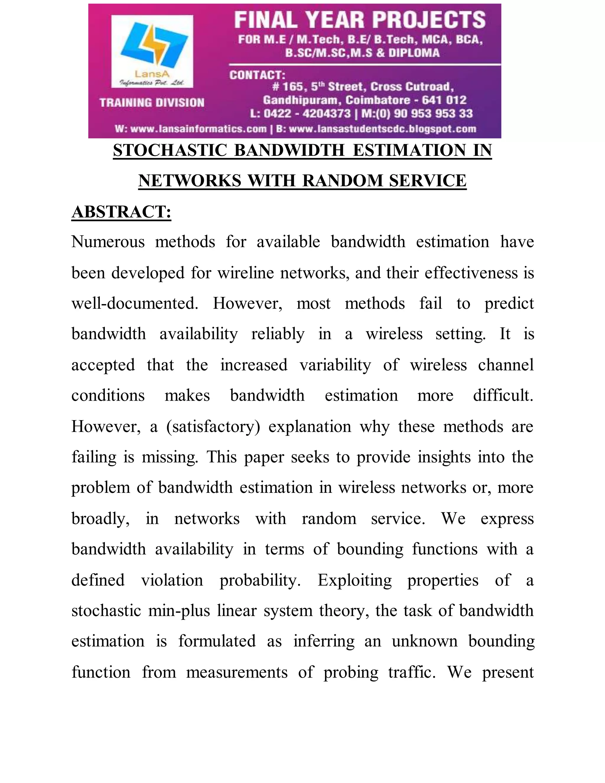 Stochastic Bandwidth Estimation In Networks With Random Service Doc