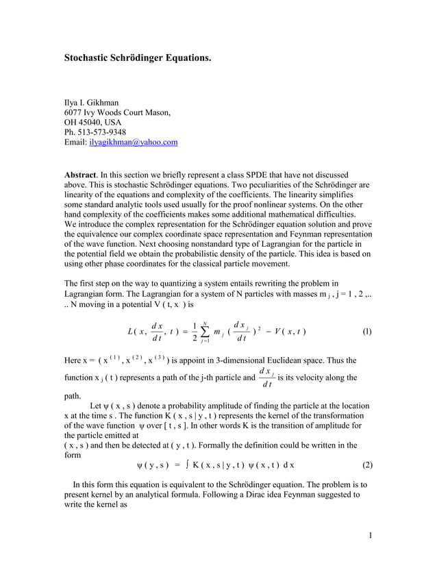 Stochastic Schrödinger Equations Pdf