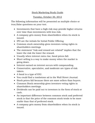 Stock marketing study guide | DOCX | Stocks and Bonds | Personal Investing