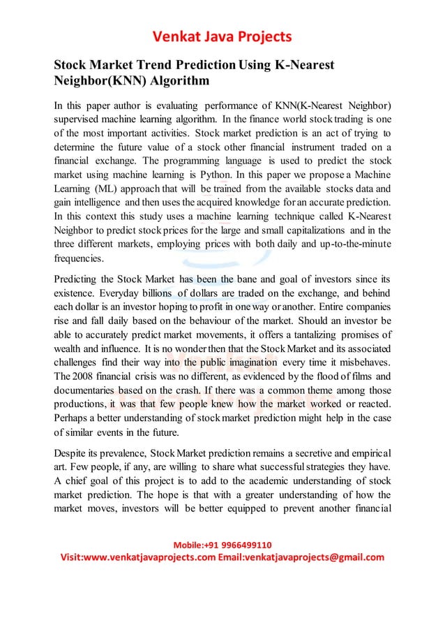 Stock market trend prediction using k nearest neighbor(knn) algorithm | PDF