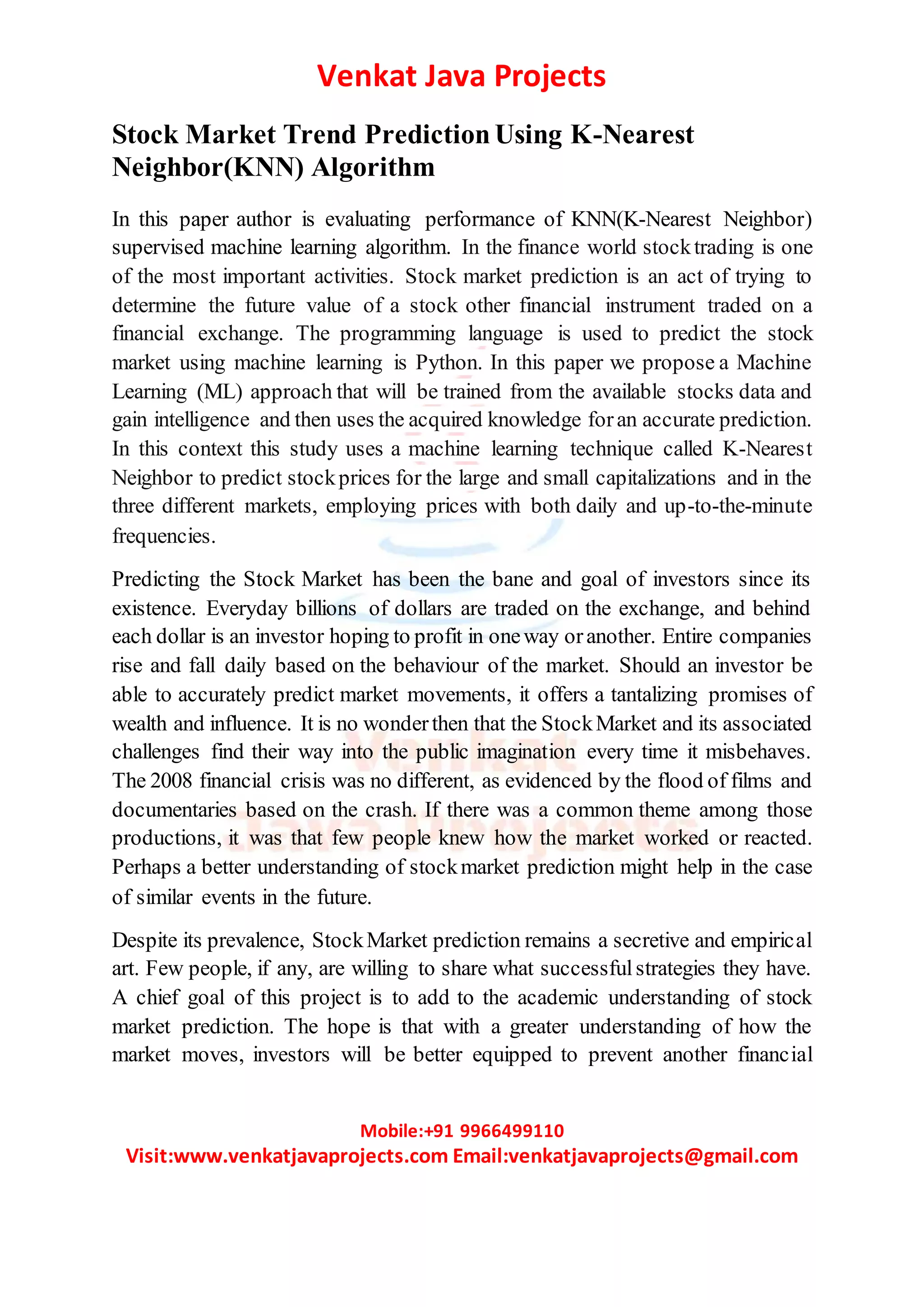 Stock market trend prediction using k nearest neighbor(knn) algorithm ...