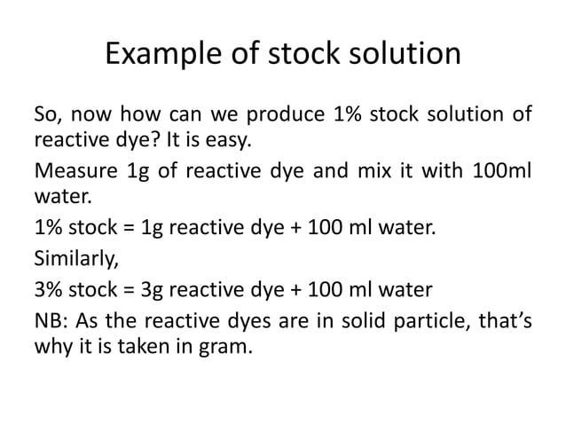 Stock Solution Calculation in Dyeing | PDF