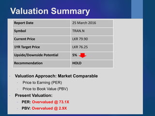 Stock valuation & recommendation on trans asia hotels plc | PPTX