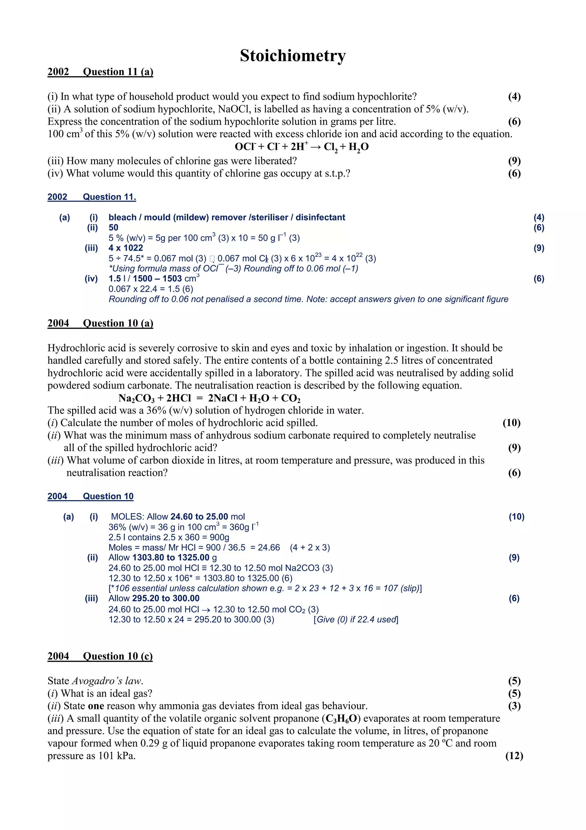 Stoichiometry exam questions and answers | DOCX