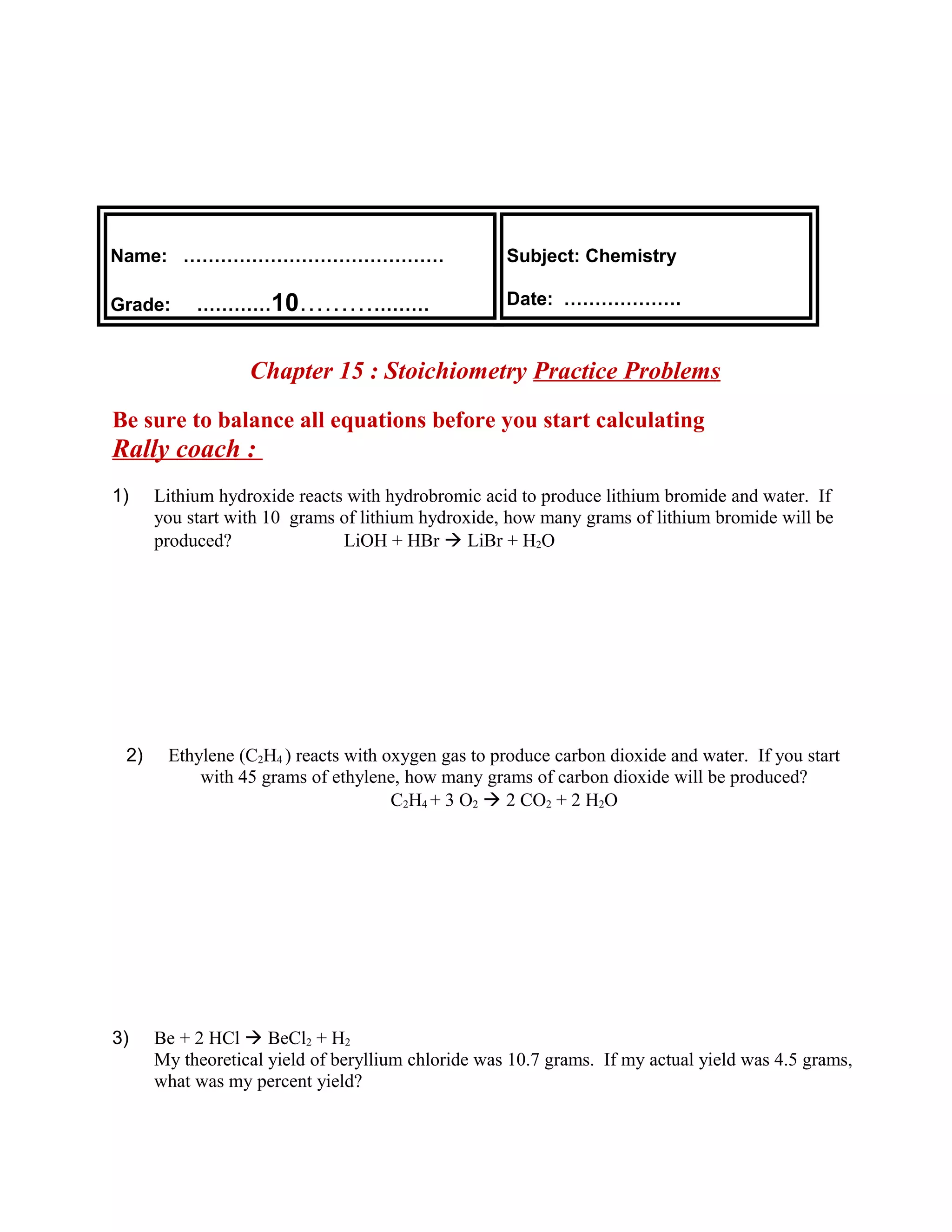 Stoichiometry Practice Problems | DOC