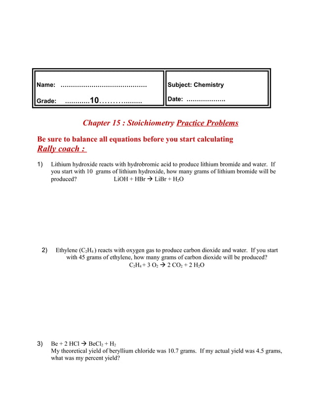 Stoichiometry Practice Problems | DOC