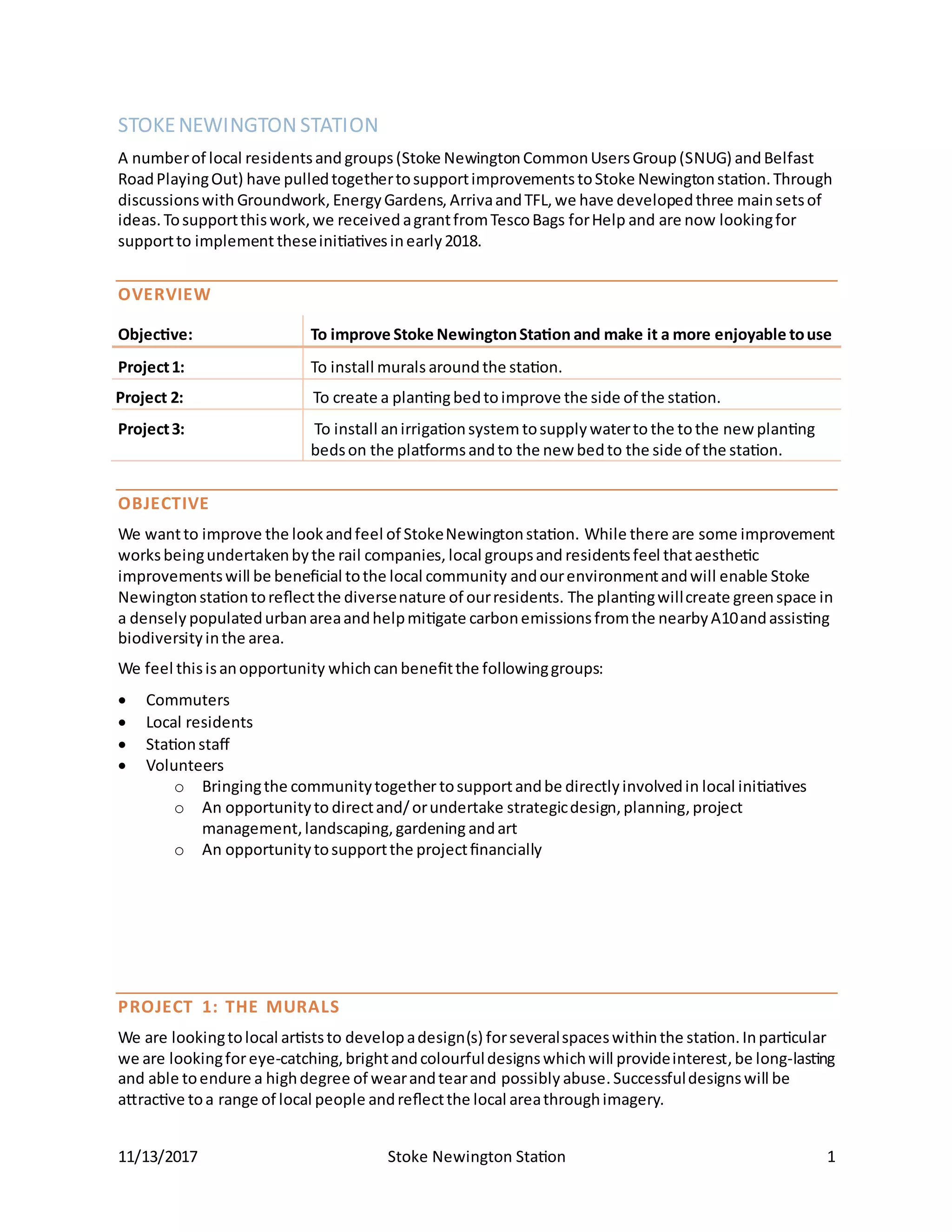 Stoke Newington Station Mural and Landscaping Project Brief | PDF