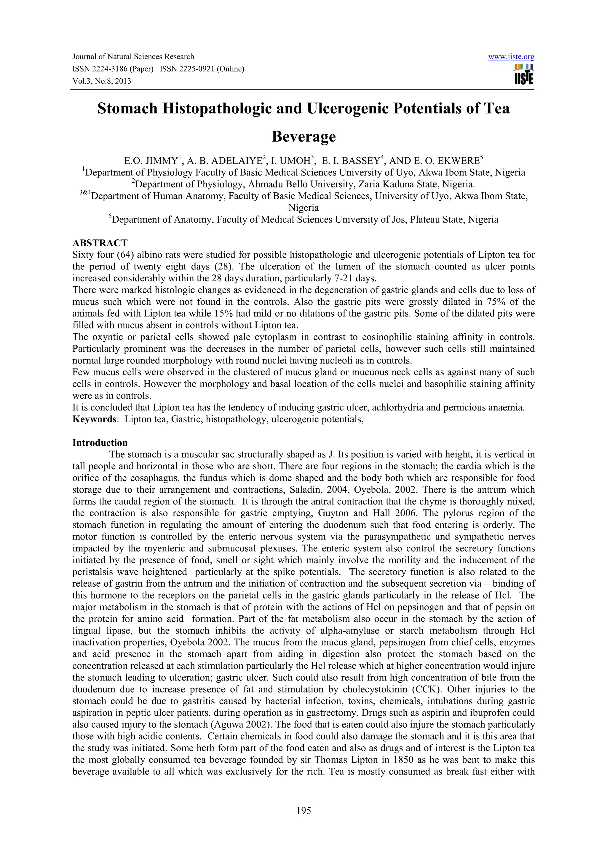 Stomach histopathologic and ulcerogenic potentials of tea beverage ...