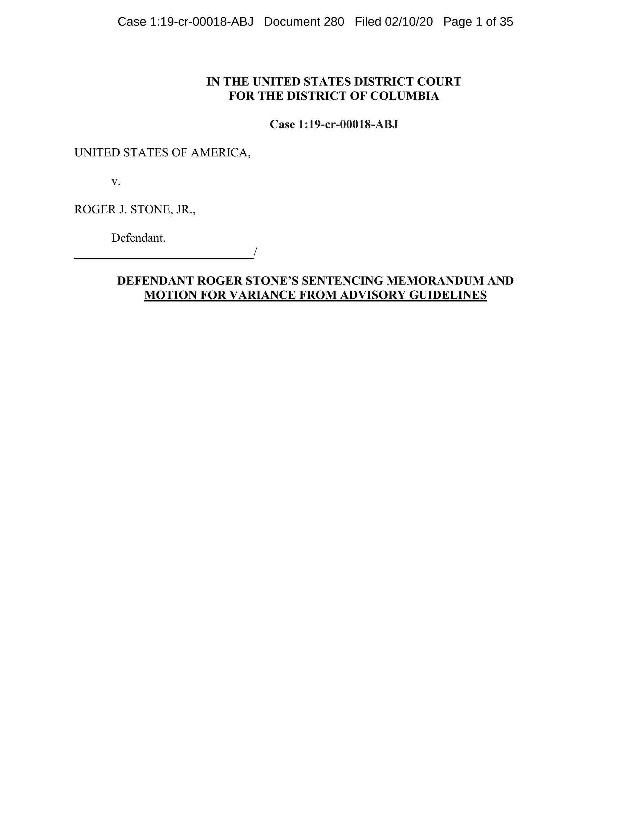 Roger Stone Defense Sentencing Memorandum | PDF