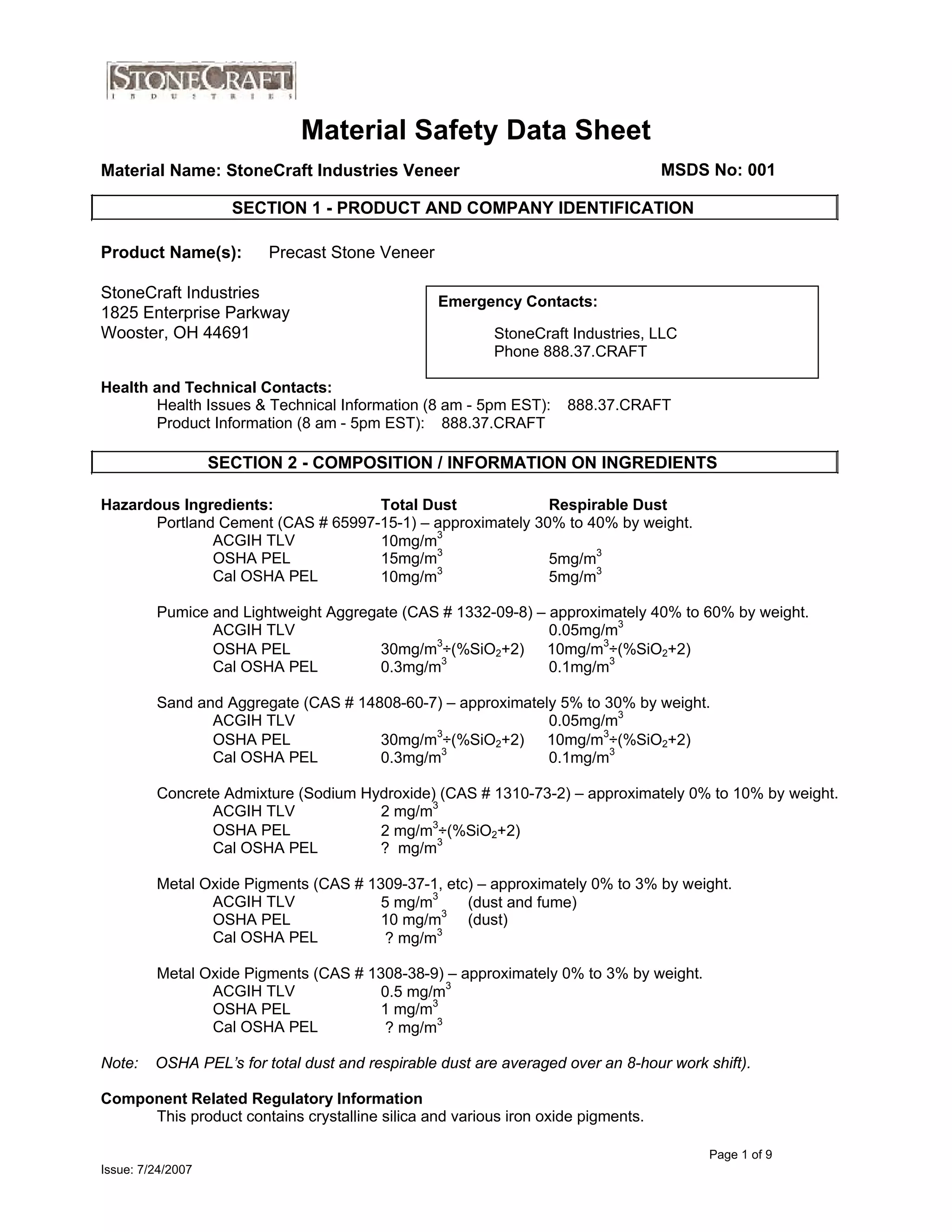 Stone craft Material Safety Data Sheet | PDF
