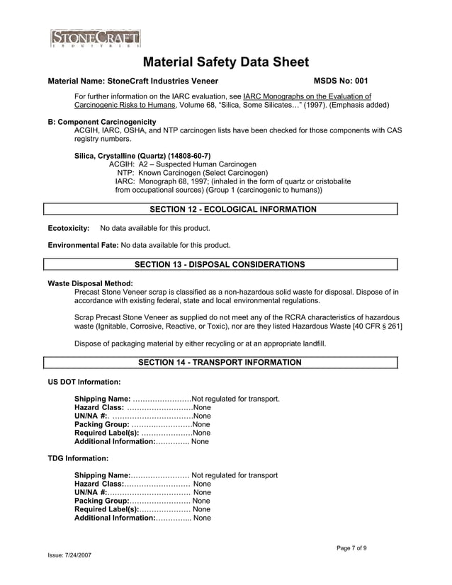 Stone craft Material Safety Data Sheet