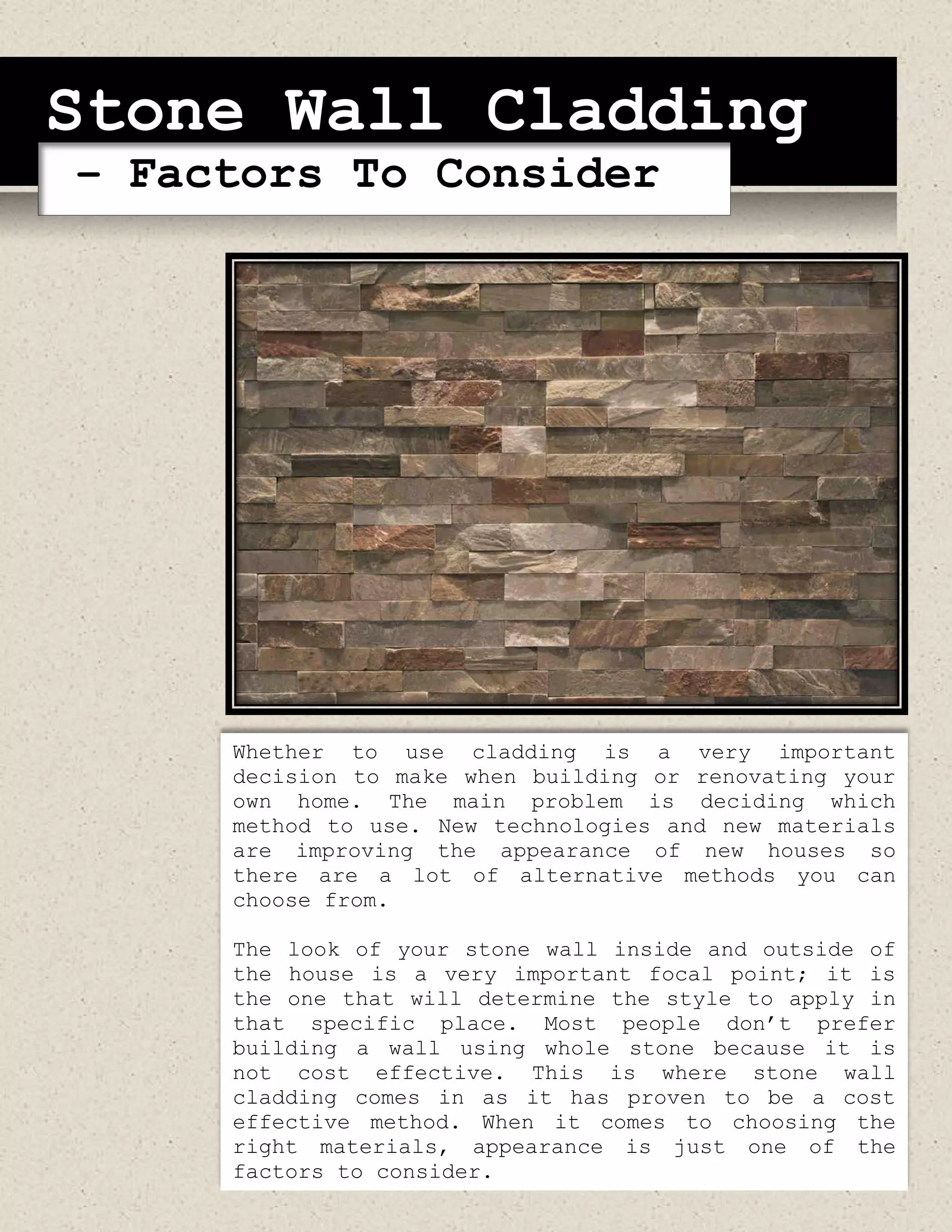 Stone Wall Cladding – Factors To Consider | PDF