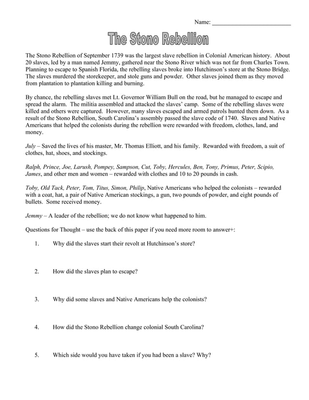 Stono rebellion worksheet | DOC