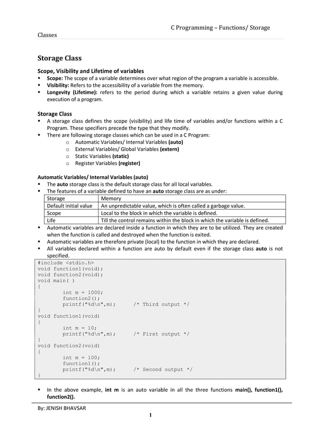 Storage classes arrays & functions in C Language | PDF