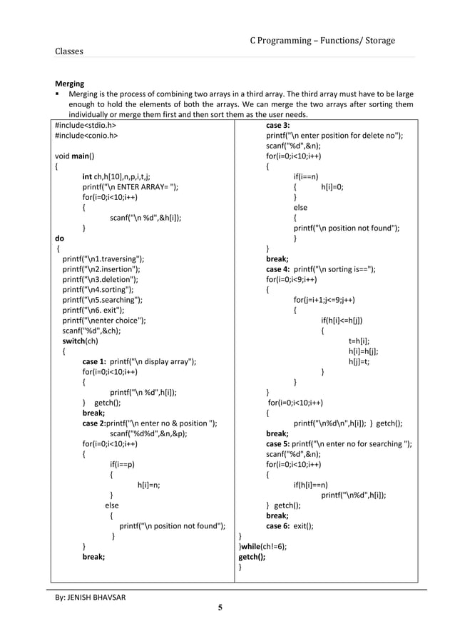 Storage Classes Arrays And Functions In C Language Pdf Free Download 2148