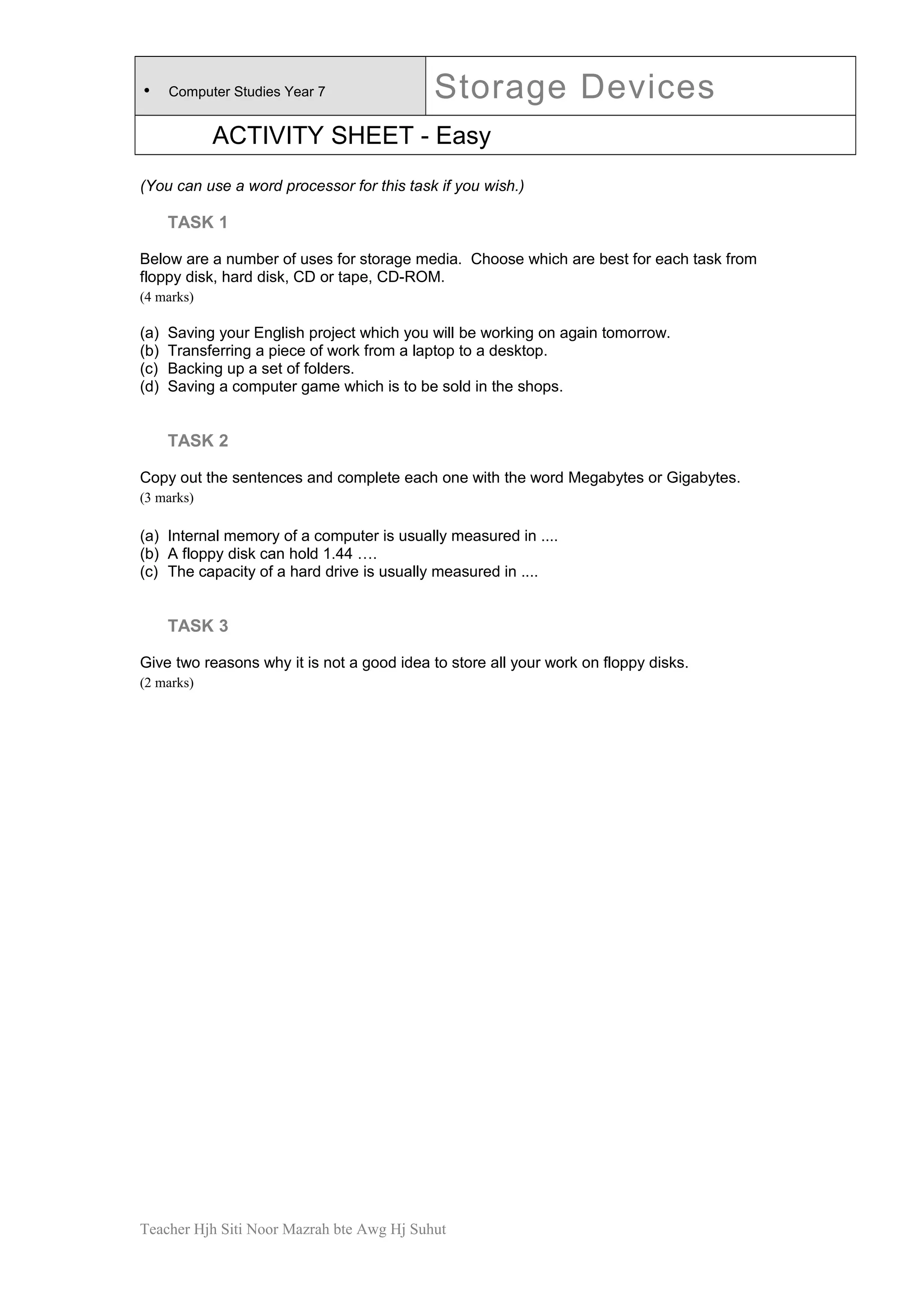 Storage devices homework (easy) | DOC