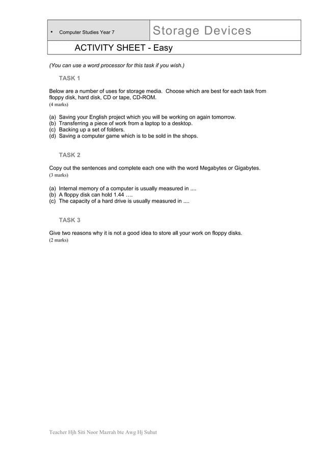 Storage devices homework (easy) | DOC | Data Storage and Warehousing | Computing
