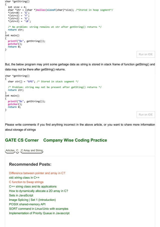 Storage for strings in c geeksfor geeks | PDF