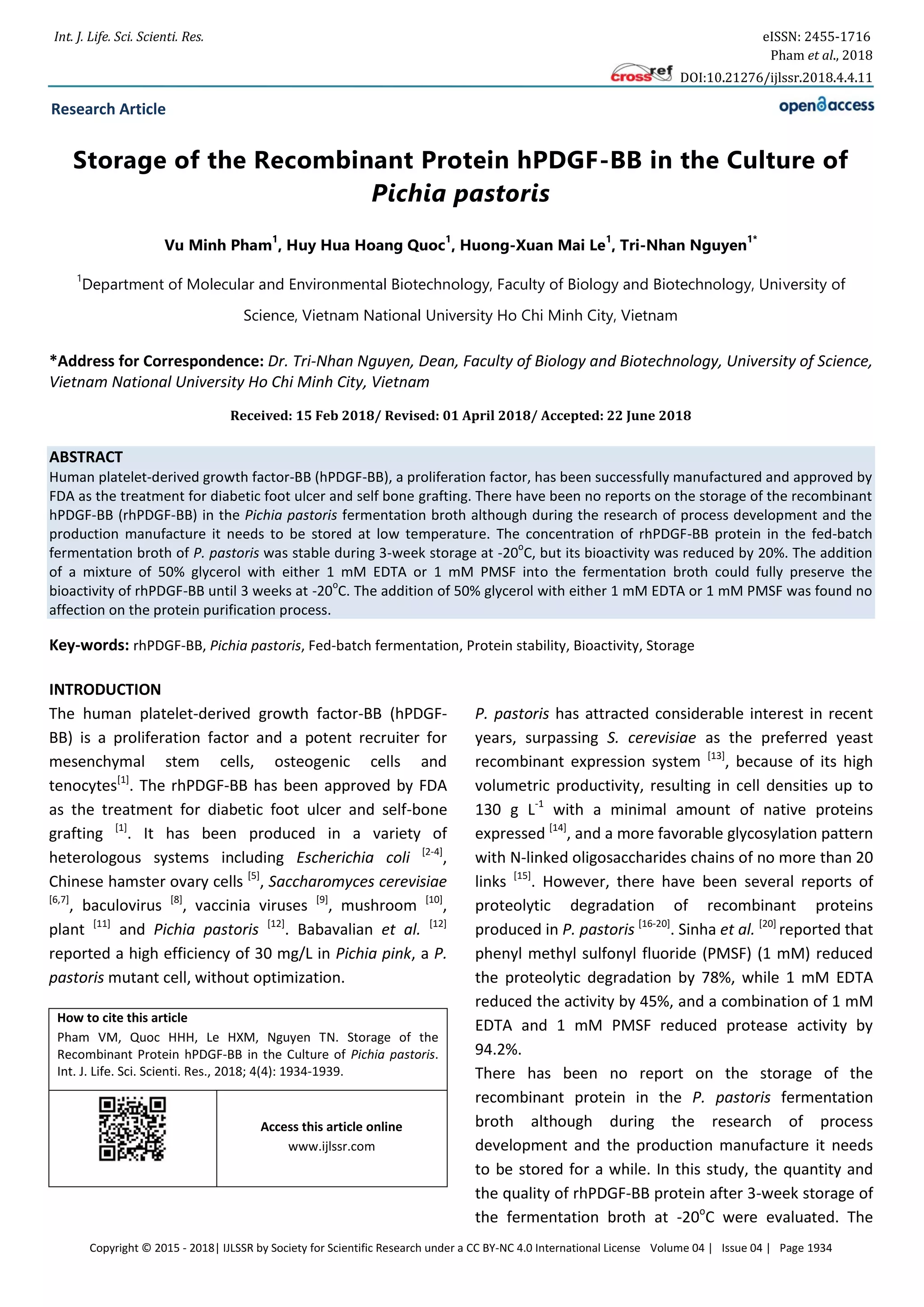 Storage of the Recombinant Protein hPDGF-BB in the Culture of Pichia ...