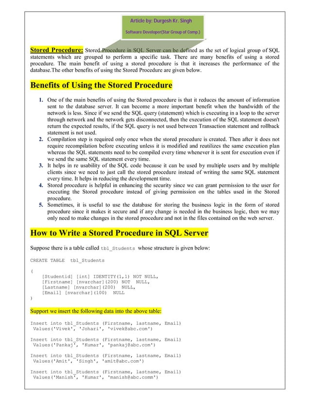 Stored procedure Notes By Durgesh Singh | PDF