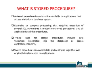 Stored procedure with cursor | PPTX | Databases | Computer Software and Applications