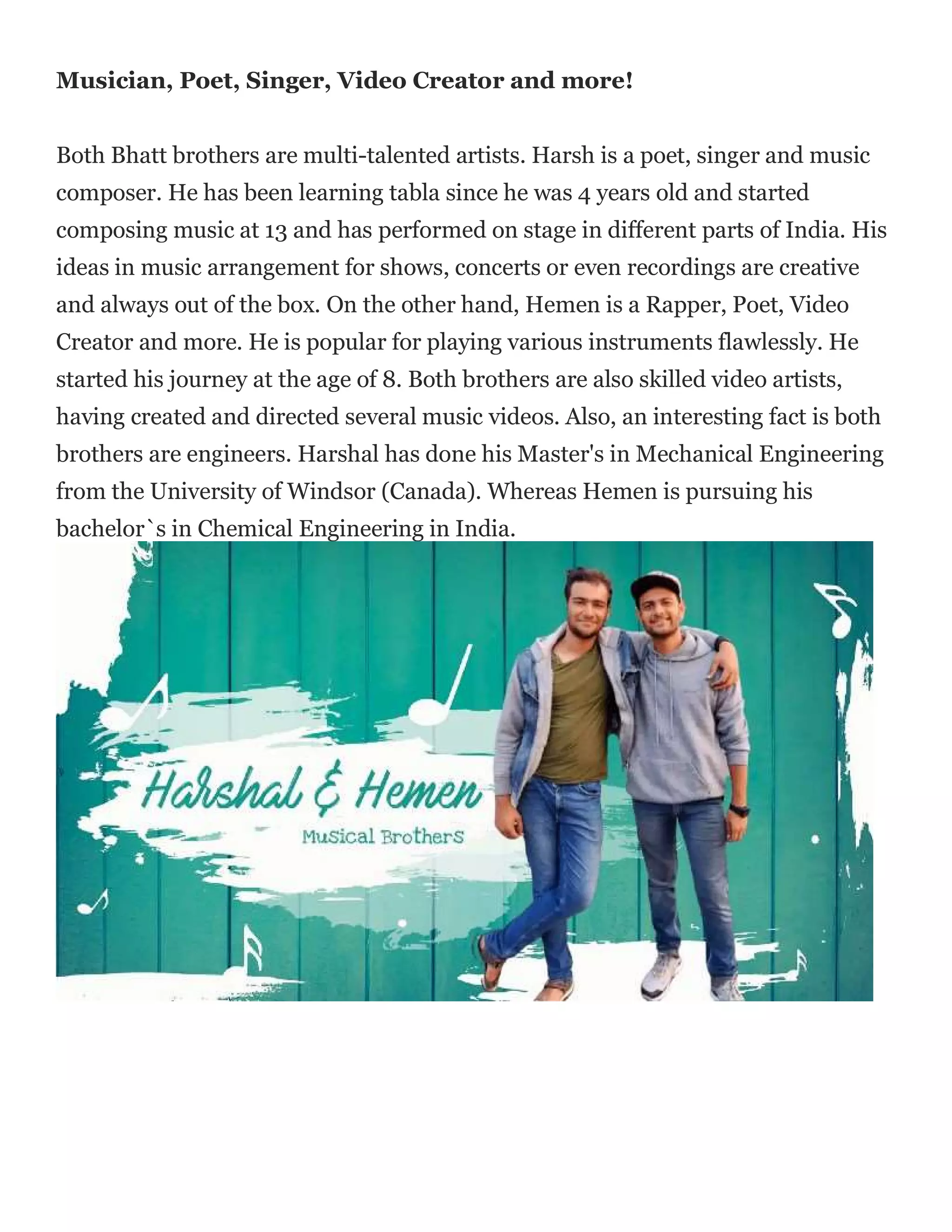 Rising Indian Music Stars Harshal Bhatt and Hemen Bhatt | PDF