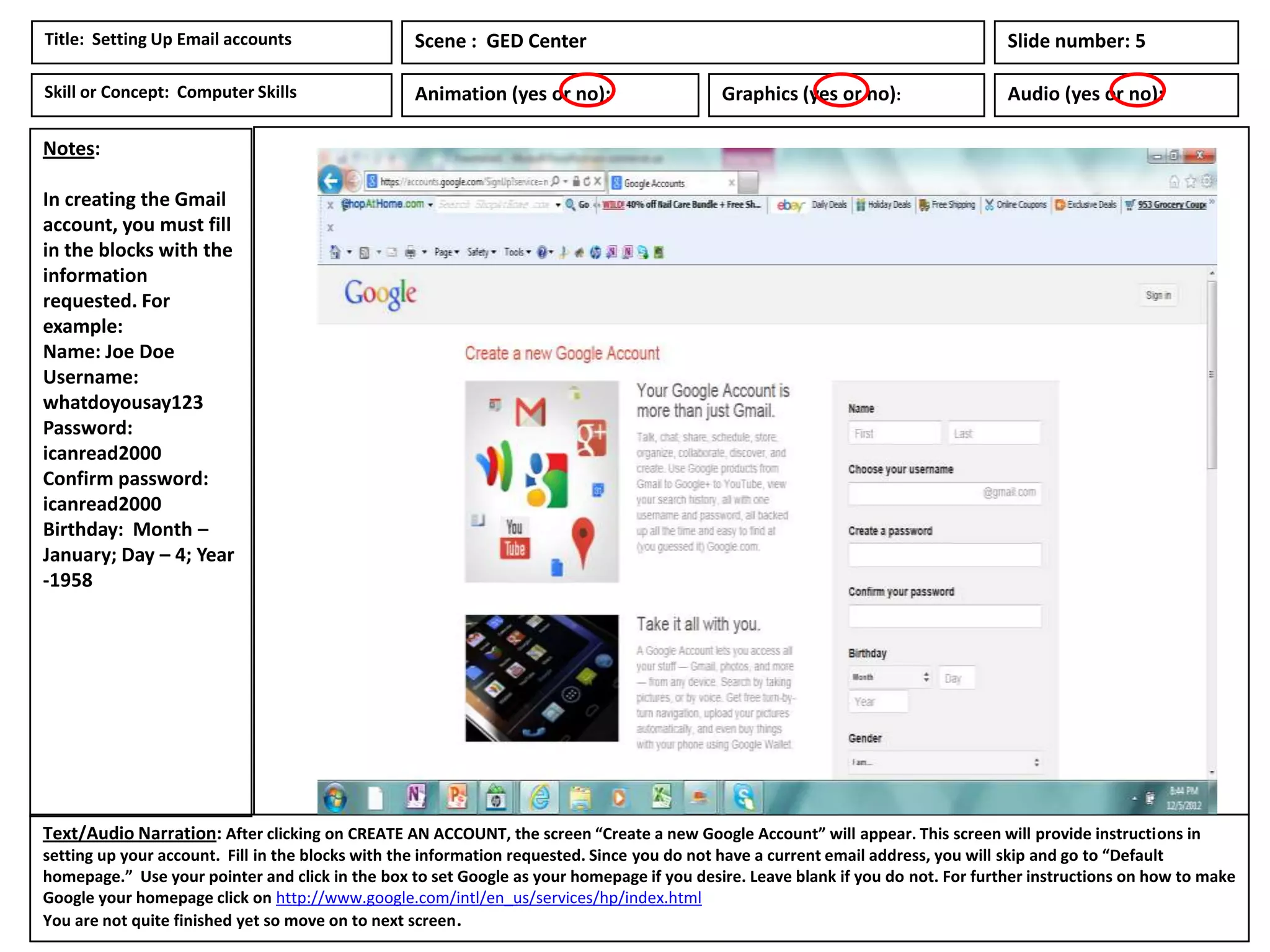 Storyboard for creating an e mail account | PPTX