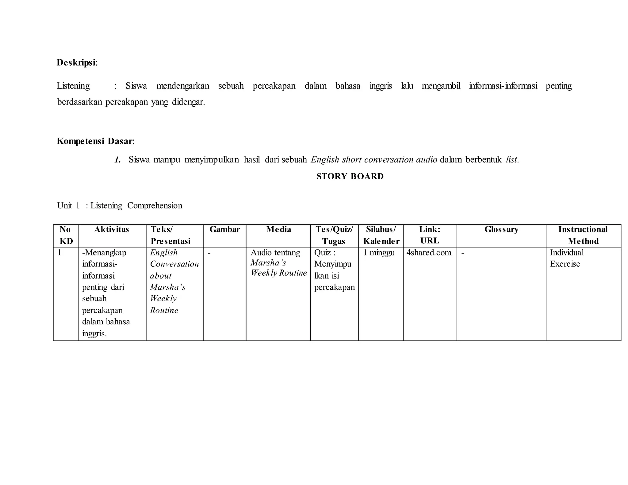 Story board listening skill | DOCX