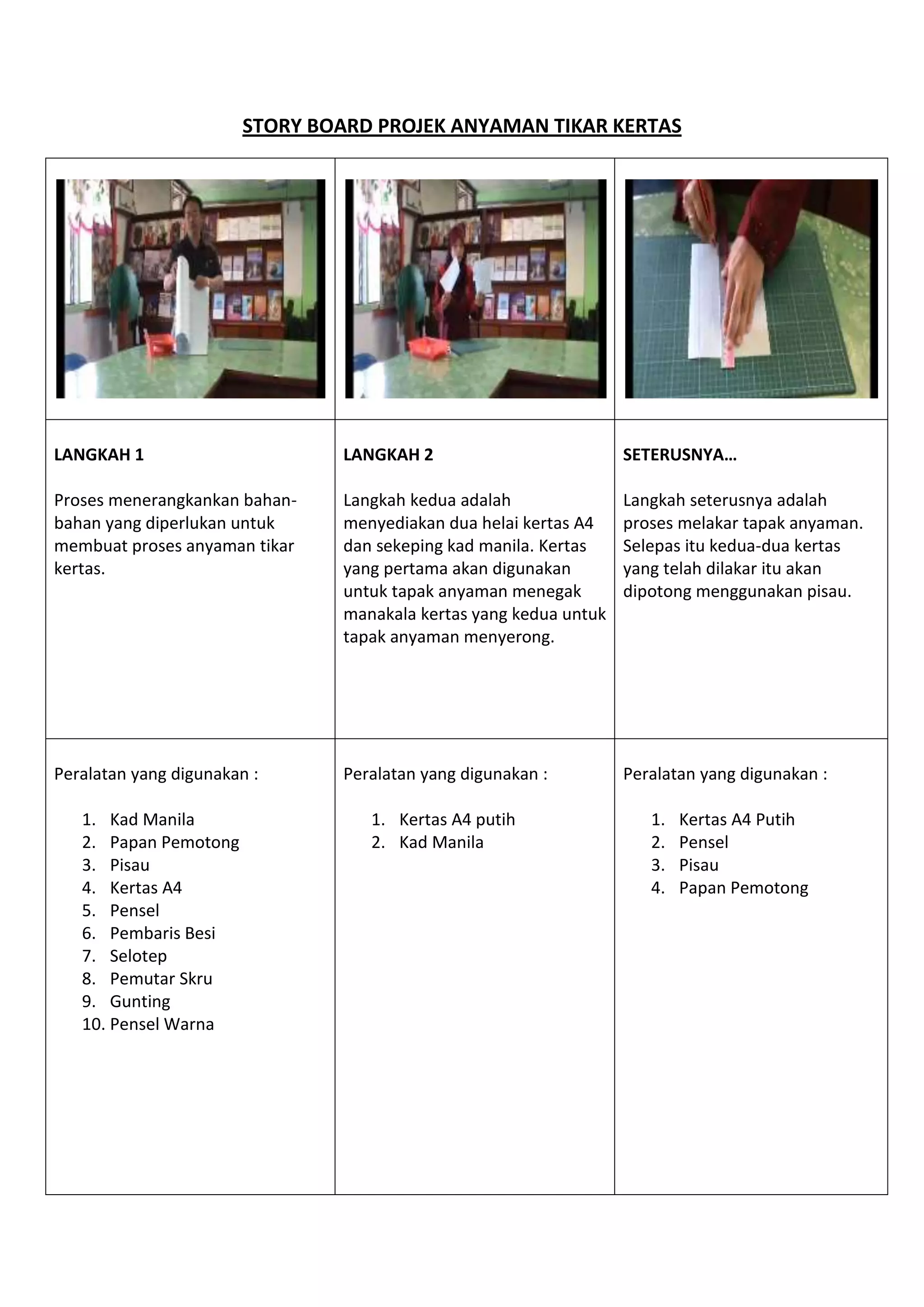 Story board projek anyaman tikar kertas | DOCX