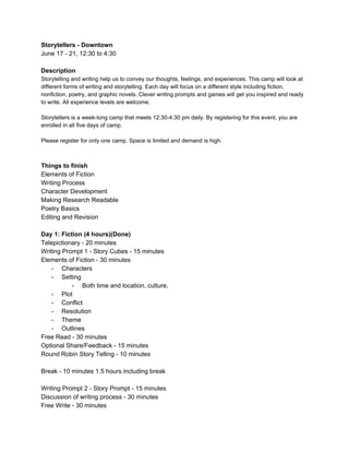 Teen Summer Camp: Storytellers outline | PDF