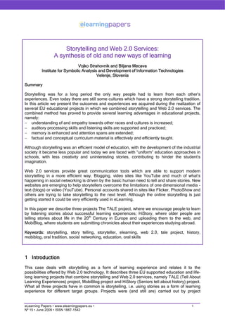 Storytelling and Web 2.0 Services: A synthesis of old and new ways of ...