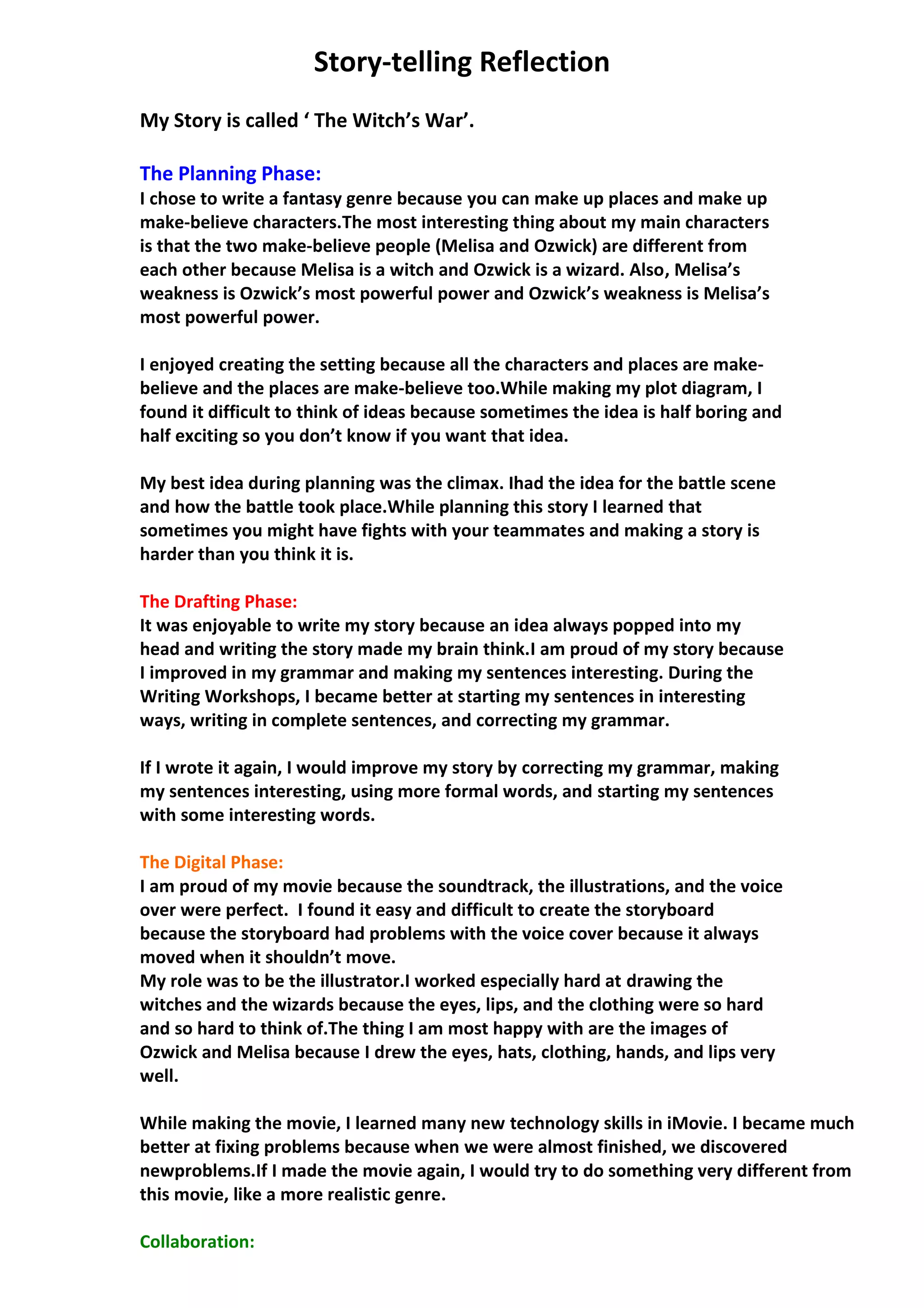 Storytelling reflection | DOCX | Screenwriting | Content Production