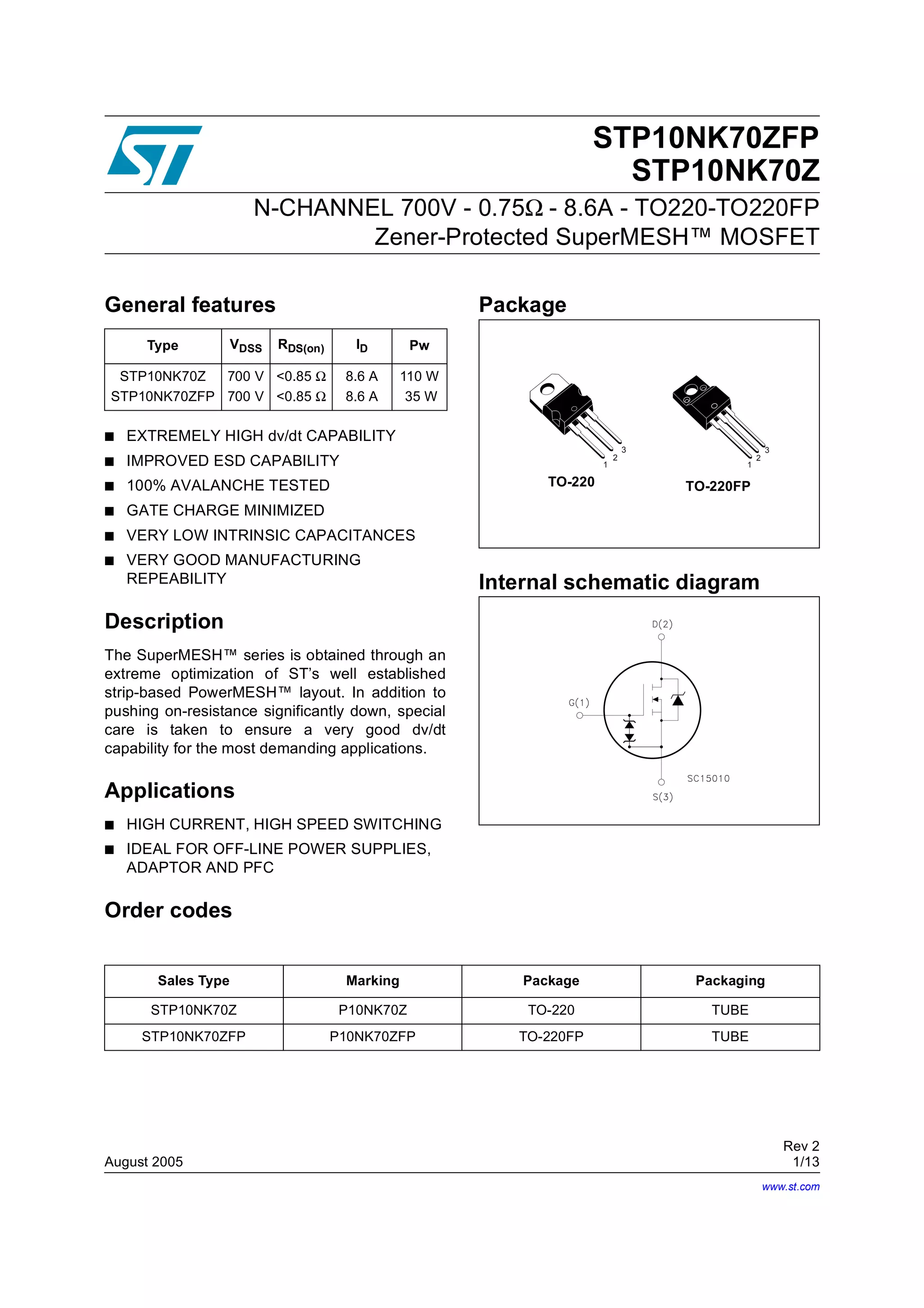 Original N-Channel Mosfet STP10NK70ZFP P10NK70ZFP 10NK70 700V 8.6A TO ...