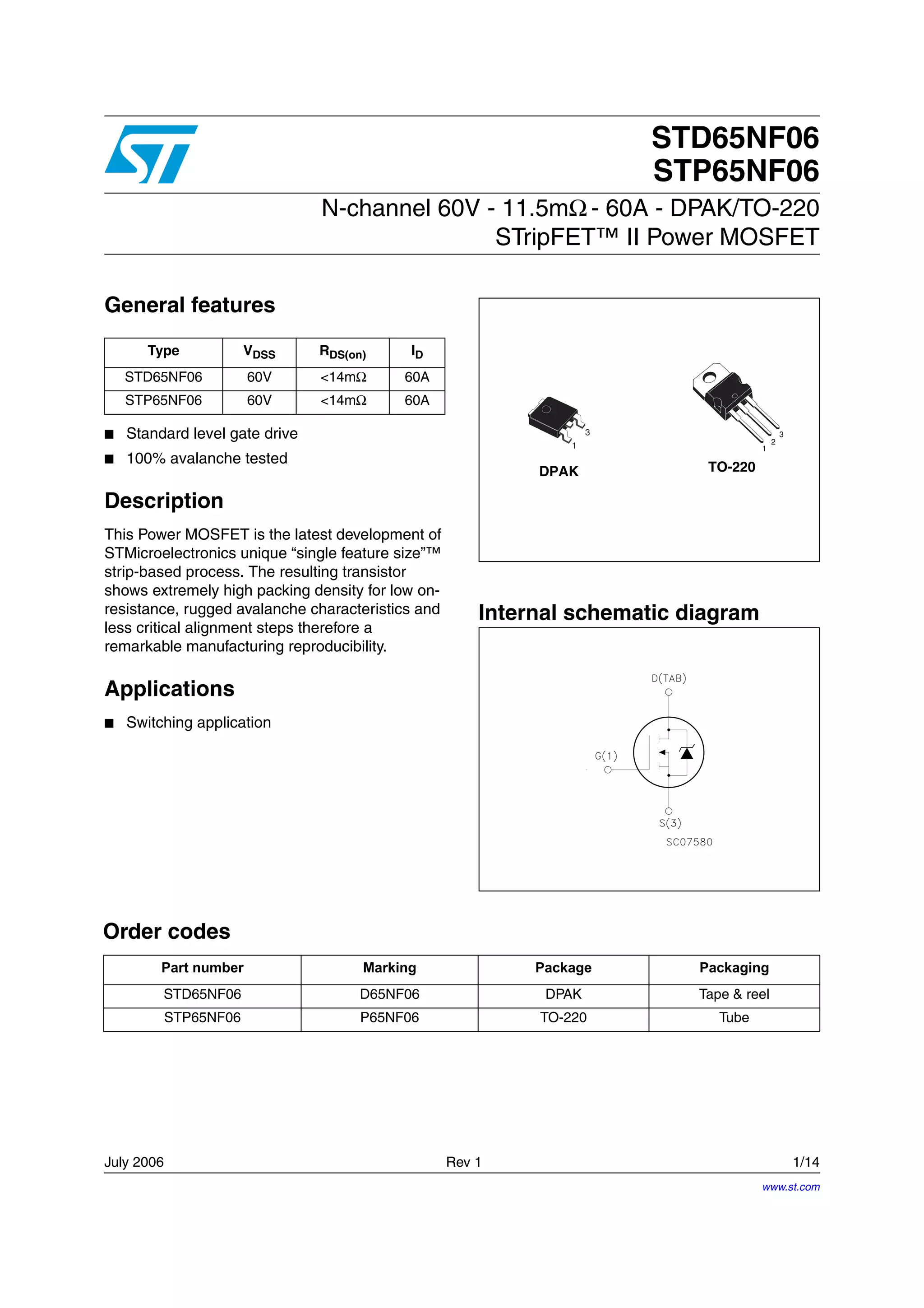 Original N-Channel Mosfet STP65NF06 P65NF06 65A 60V TO-220 New ST | PDF