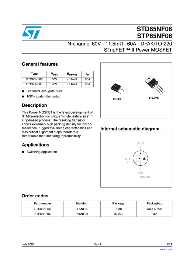 Original N-Channel Mosfet STP65NF06 P65NF06 65A 60V TO-220 New ST | PDF