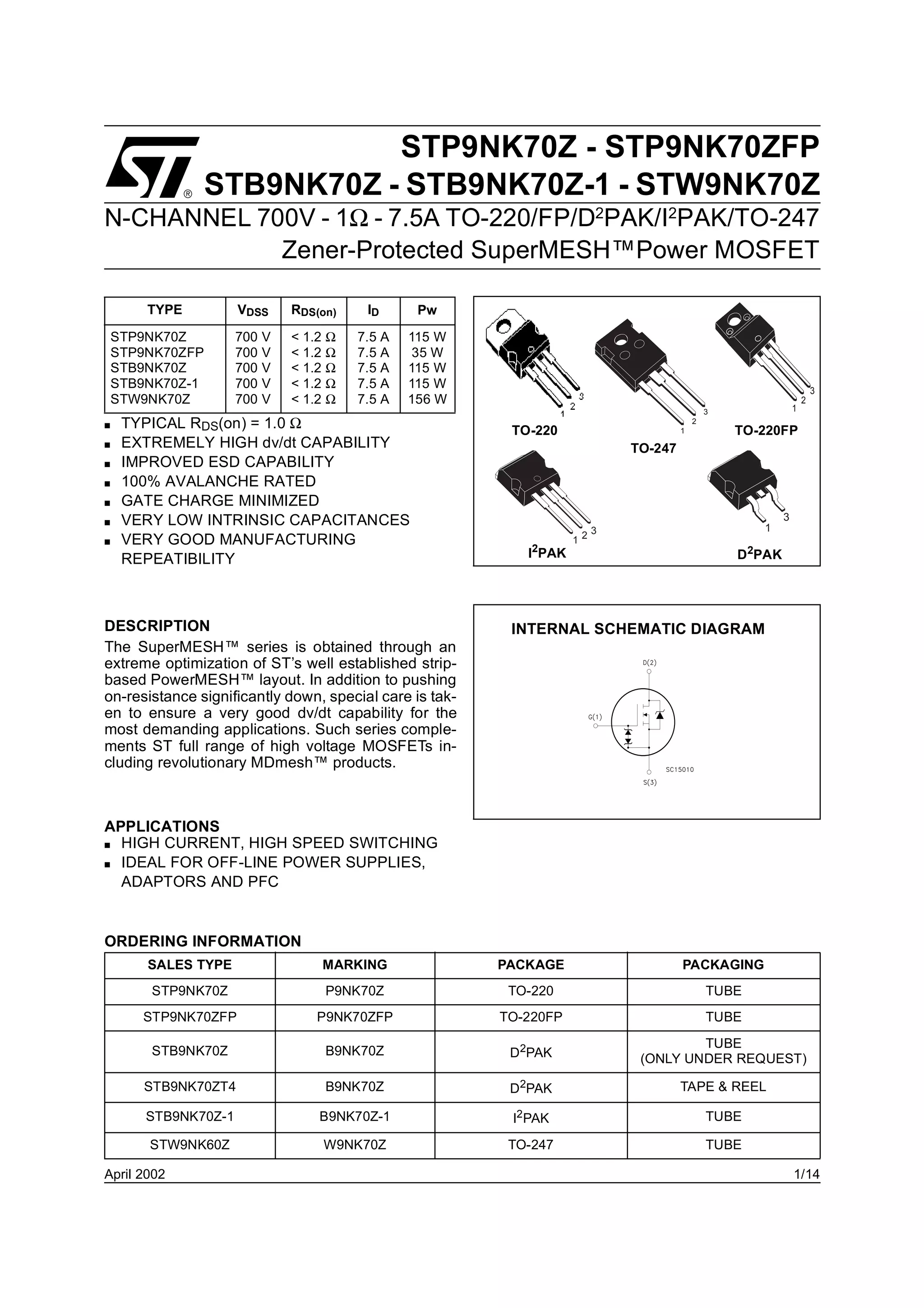 700V 1Ω 7.5A Zener-Protected SuperMESH Power MOSFETs | PDF
