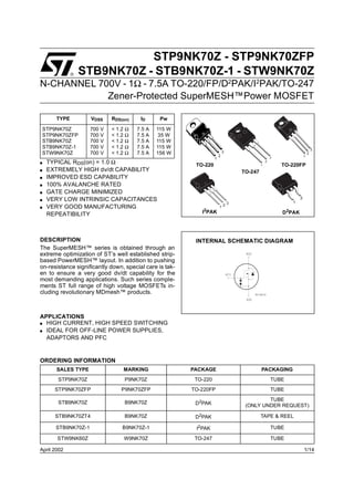 Original N-Channel Mosfet STP9NK70Z 9NK70 700V 7.5A TO-220 New STMicroelectronics | PDF