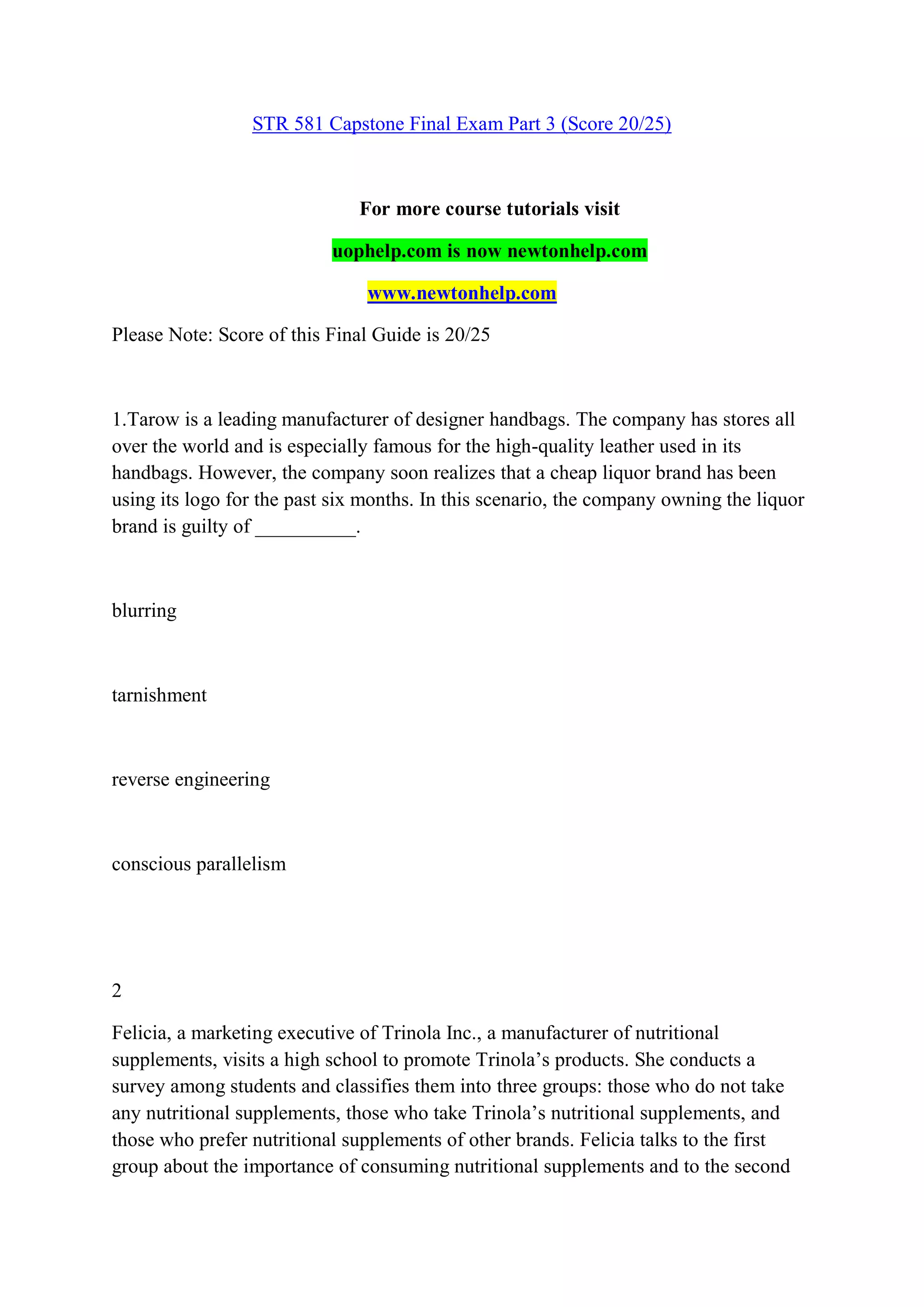 Str 581 capstone final exam part 3 (score 2025) | PDF