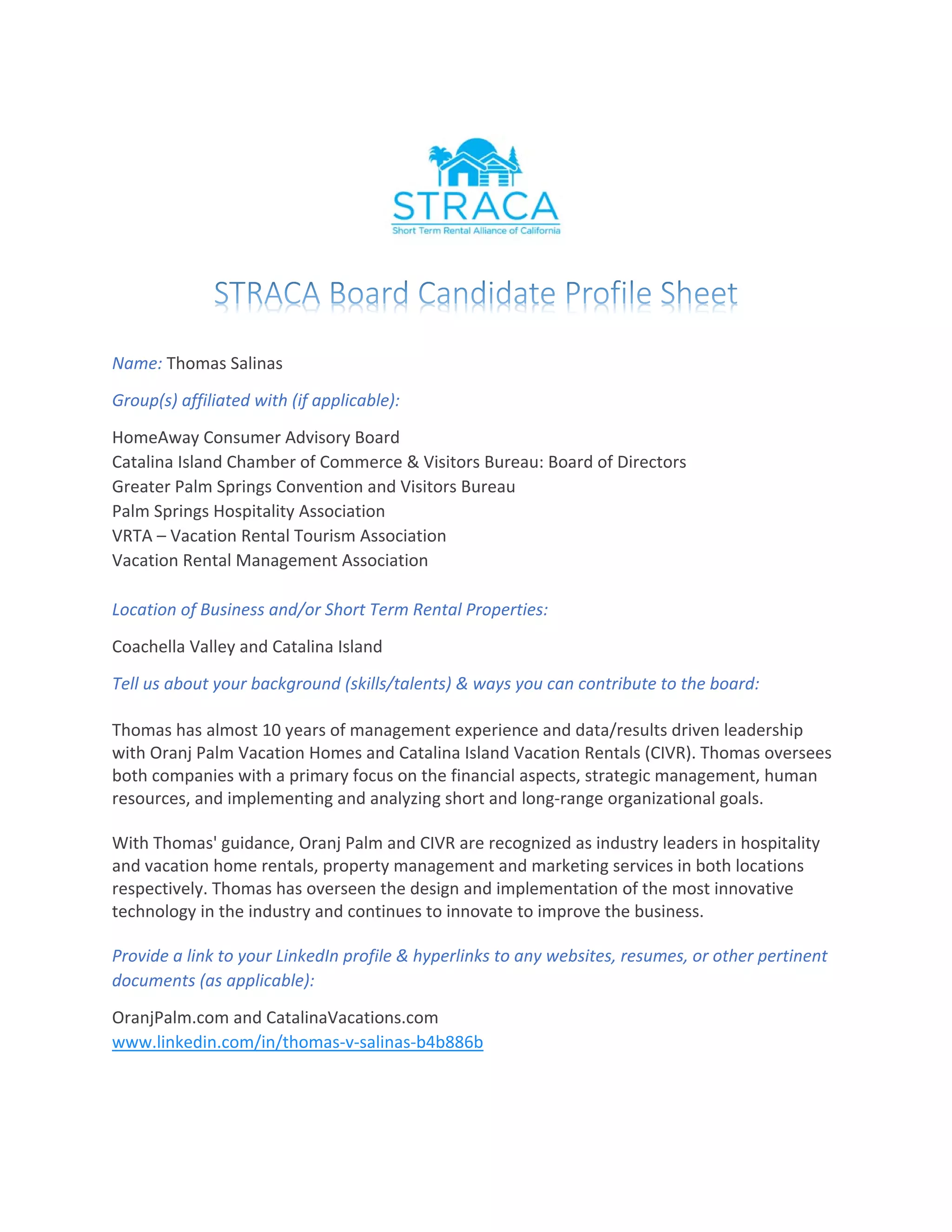 Straca board candidate profile sheet thomas salinas | PDF