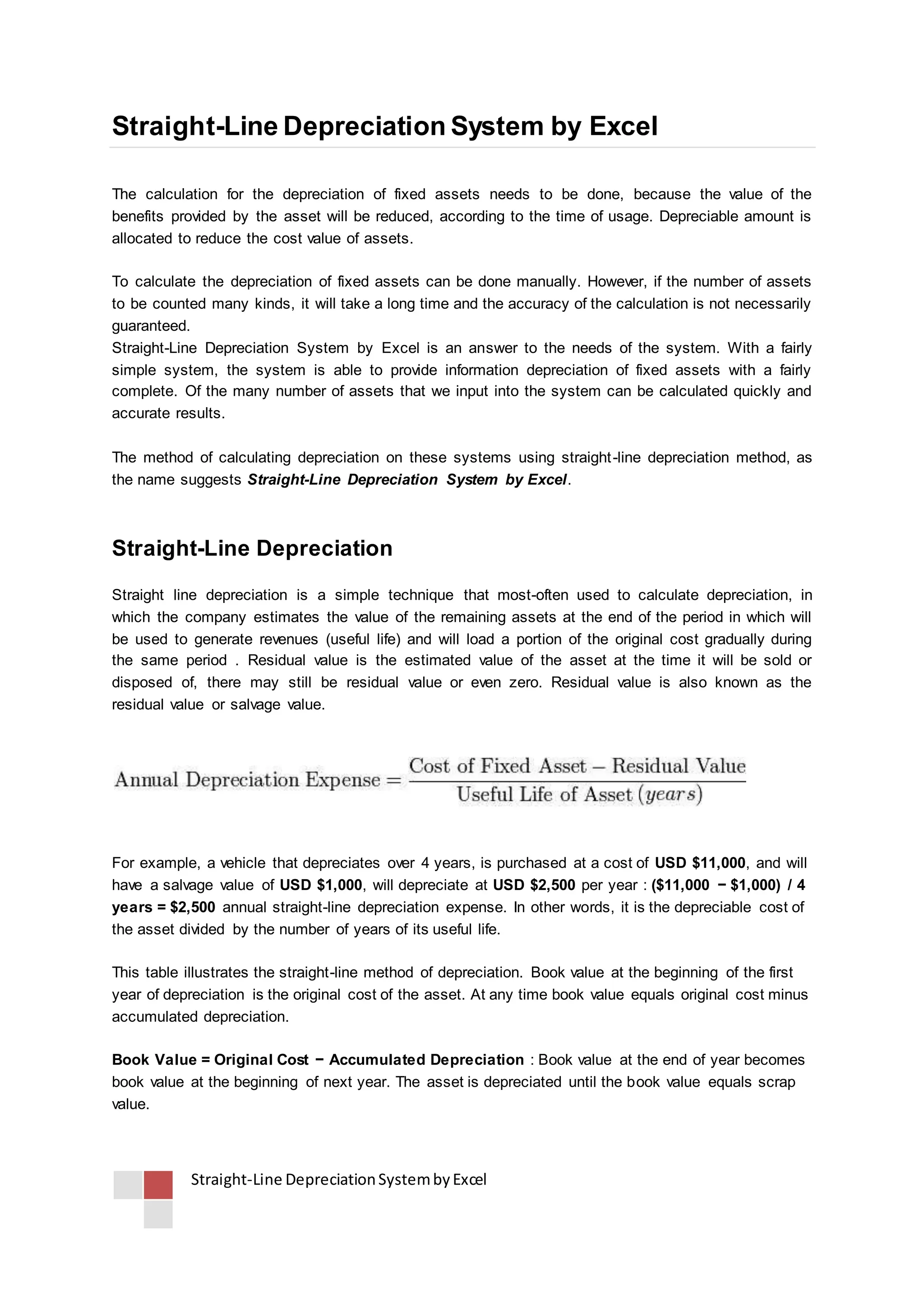 Straight-Line Depreciation System by Excel (MS Word Texs) | DOCX