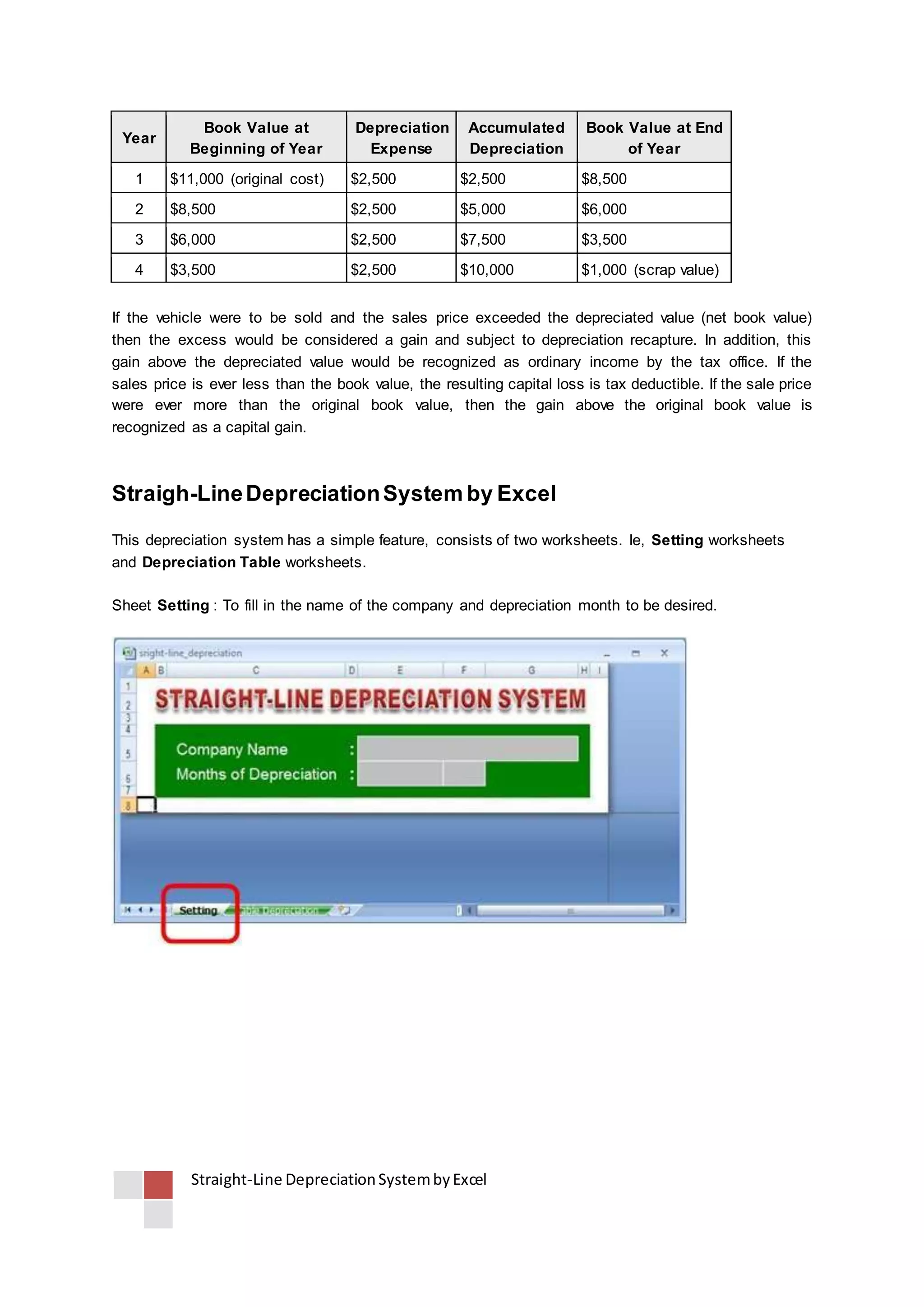 Straight-Line Depreciation System by Excel (MS Word Texs) | DOCX