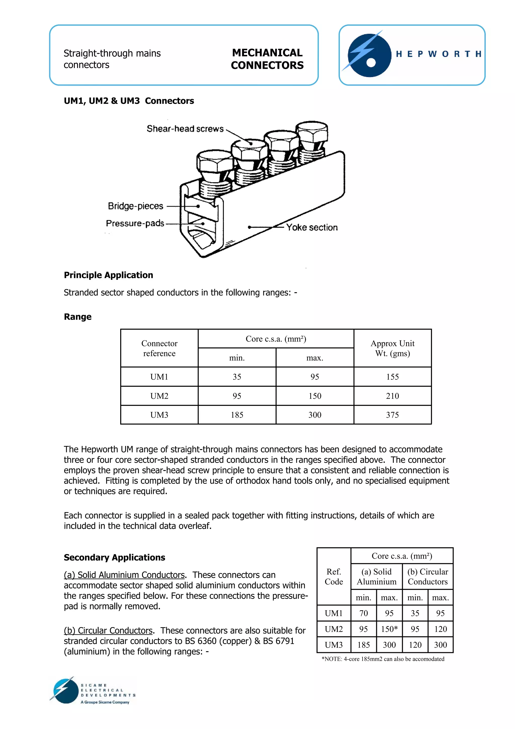 Straight Through Mains Connectors 35-95sqmm - Sicame UM1 | PDF