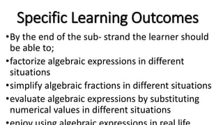STRAND 2 ALGEBRA.pptx CBC FOR GRADE 8,, | PPTX